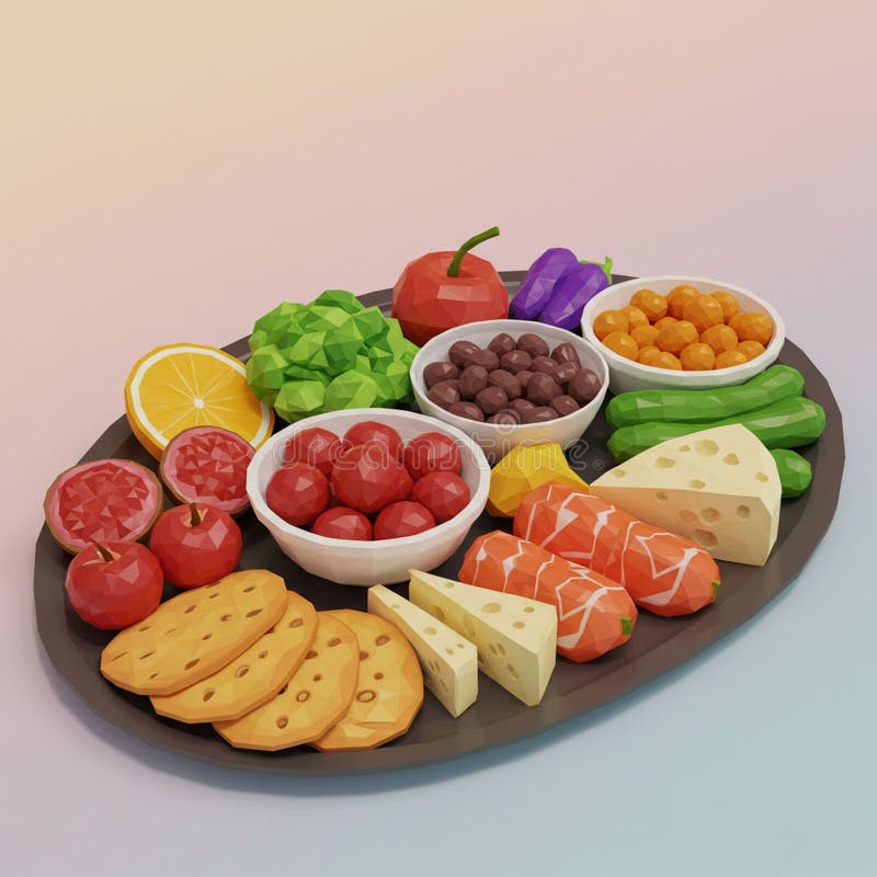 A Low-poly Style Rendering of a Food Platter Includes Geometric ...