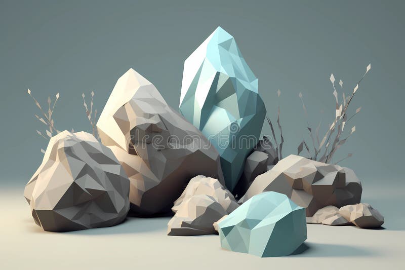 A Low Poly Style of Rocks and a Large Blue Stone. AI Generation Stock ...