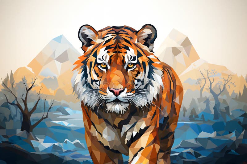 Low Poly Tiger with Forest Mountain Illustration Generative Ai Stock ...