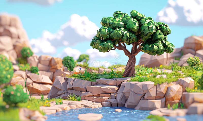 Low Poly Tree by Rocky River in Sunny Landscape, Ideal for ...