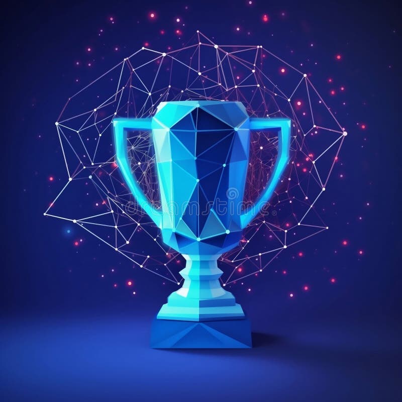 Low Poly Trophy Cup in Abstract Blue Network, Generative Ai Stock ...