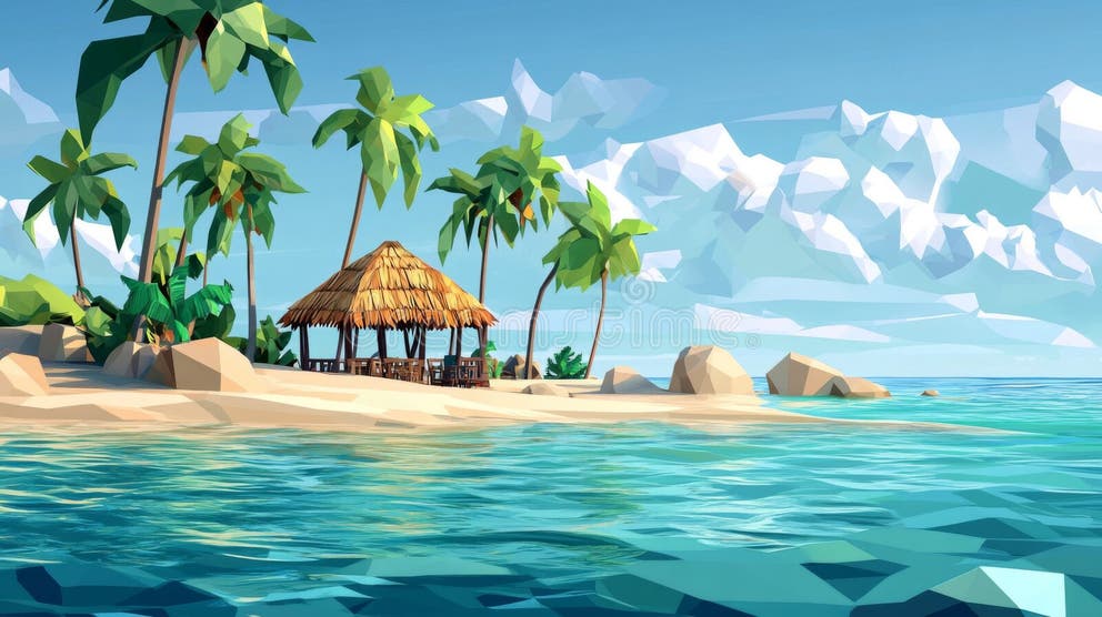 Low Poly Tropical Island Paradise with Hut Stock Illustration ...