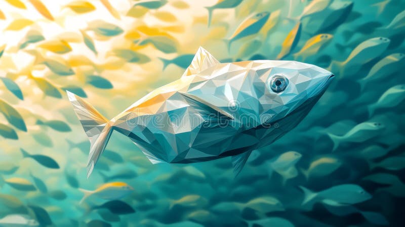 Low Poly Tuna Surrounded by School of Fish in Underwater Scene Stock ...