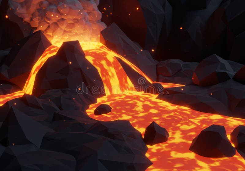 Low Poly Volcano Eruption with Glowing Lava Flow Stock Illustration ...