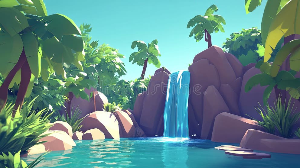 Low-poly Waterfall Cascading into a Tropical Pool Stock Illustration ...