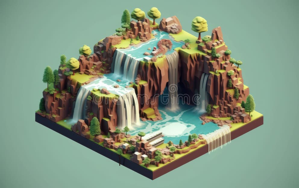 Low Poly Waterfall. Created by Generative Artificial Intelligence Stock ...