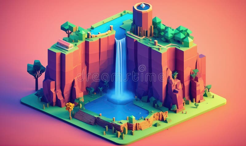A Low-poly Waterfall Flows into a Small Pond, Surrounded by Trees and a ...