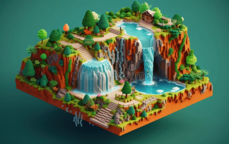 Low Poly Waterfall Landscape. Created by Generative Artificial ...