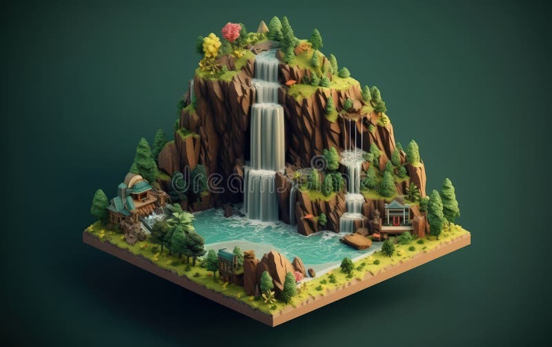 Low Poly Waterfall Landscape. Created by Generative Artificial ...