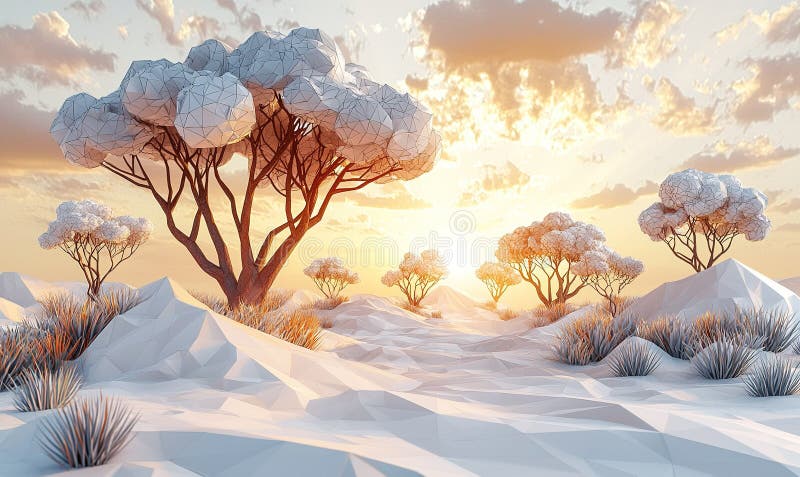 Low-poly White Trees at Sunset in a Desert Landscape, Ideal for ...
