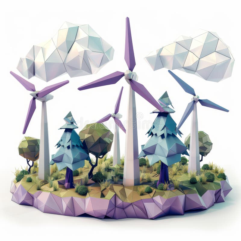 Low Poly Wind Farm in a Cloudy Sky, Eco Friendly Environment Generative AI Stock Illustration ...