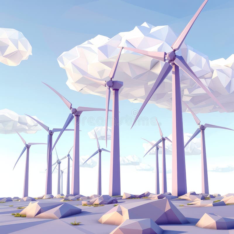 Low Poly Wind Farm in a Cloudy Sky, Eco Friendly Environment Generative ...