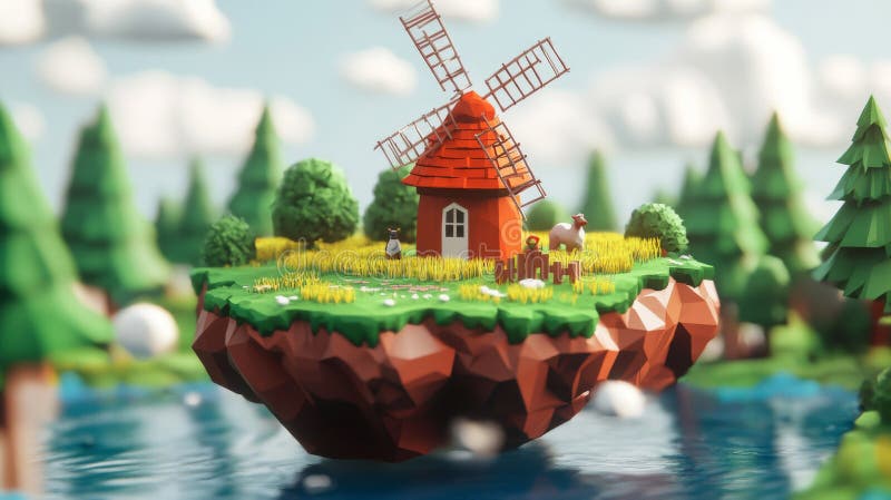 Low Poly Windmill on a Floating Island Stock Illustration ...