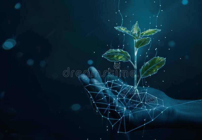 Low-poly Wireframe Hand Holding a Holographic Plant Representing ...