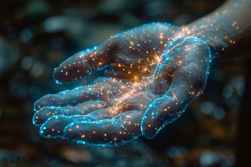 Low Poly Wireframe Mesh of an Ai Brain Held by Human Hands Illustrating ...