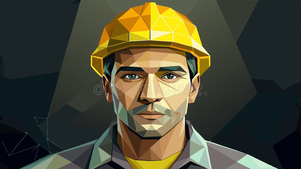 Low Poly Wireframe Portrait of an Industry Engineer Worker and Hard Hat ...