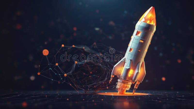 A Low Poly Wireframe of a Rocket is Illuminated by Glowing Circles on a ...