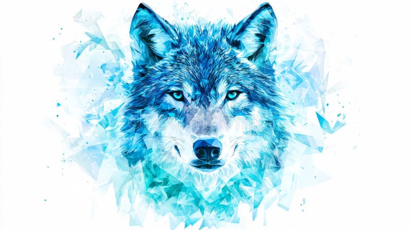 Low Poly Wolf Head with Icy Blue and Cyan Glowing Geometric Patterns, Isolated on a Bright White ...