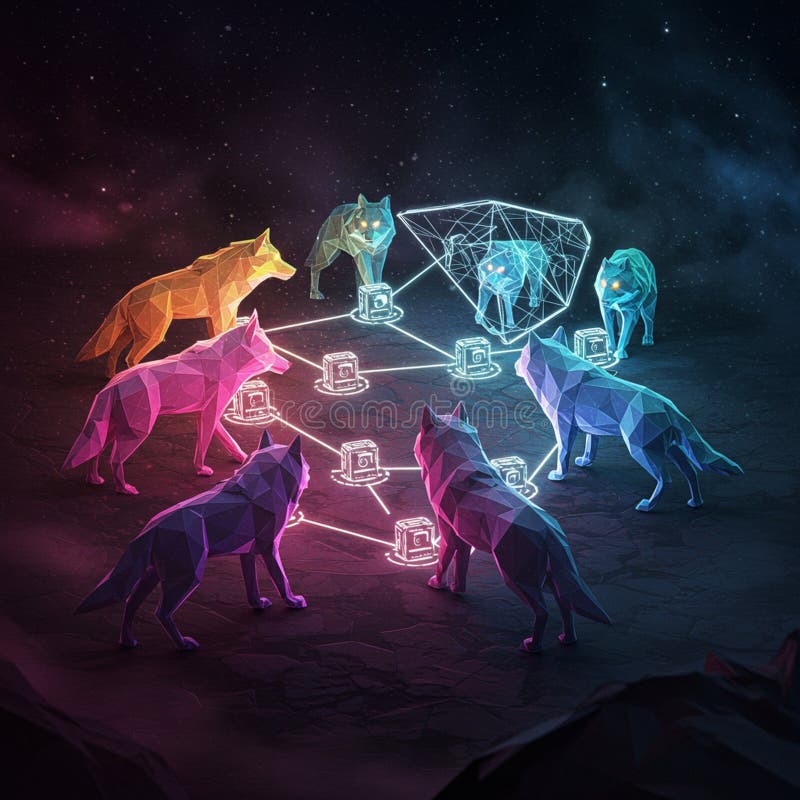Low-poly Wolves, Rendered in Vibrant Colors, Form a Circular Formation ...