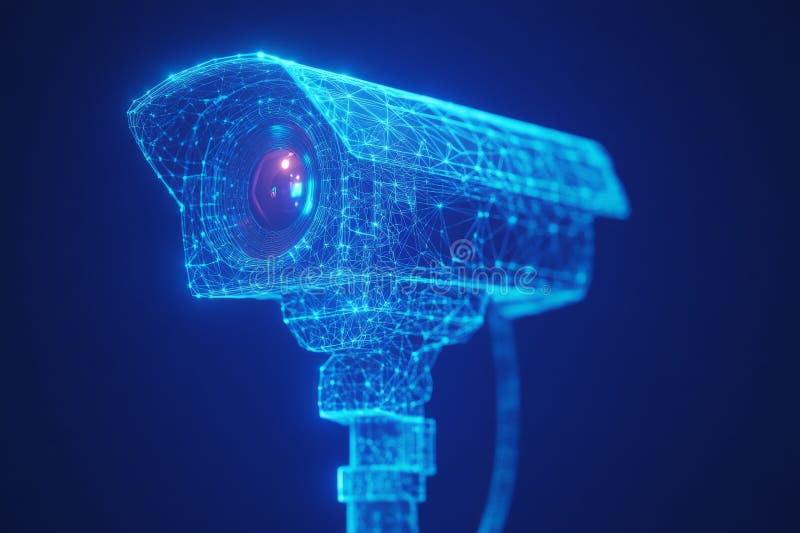 A Low Polygon CCTV Security Camera Wireframe Mesh on a Blue Background ...