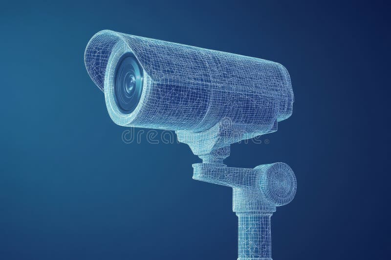 A Low Polygon CCTV Security Camera Wireframe Mesh on a Blue Background ...