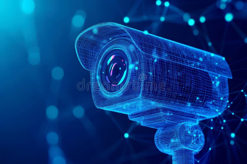 A Low Polygon CCTV Security Camera Wireframe Mesh Displayed on a Blue ...