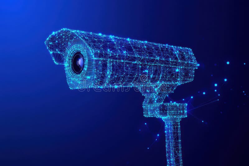 A Low Polygon CCTV Security Camera Wireframe Mesh Displayed on a Blue ...