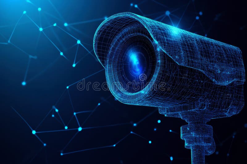 A Low Polygon CCTV Security Camera Wireframe Mesh Displayed on a Blue ...