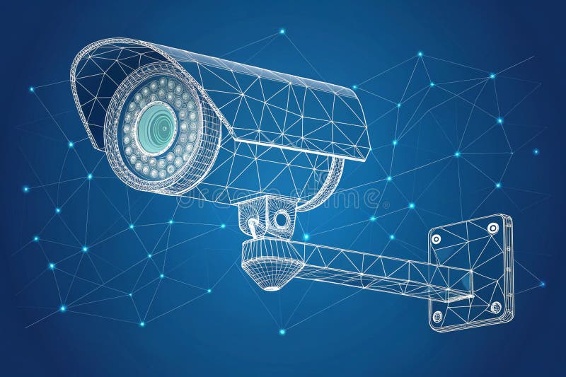 A Low Polygon CCTV Security Camera Wireframe Mesh Displayed on a Blue ...
