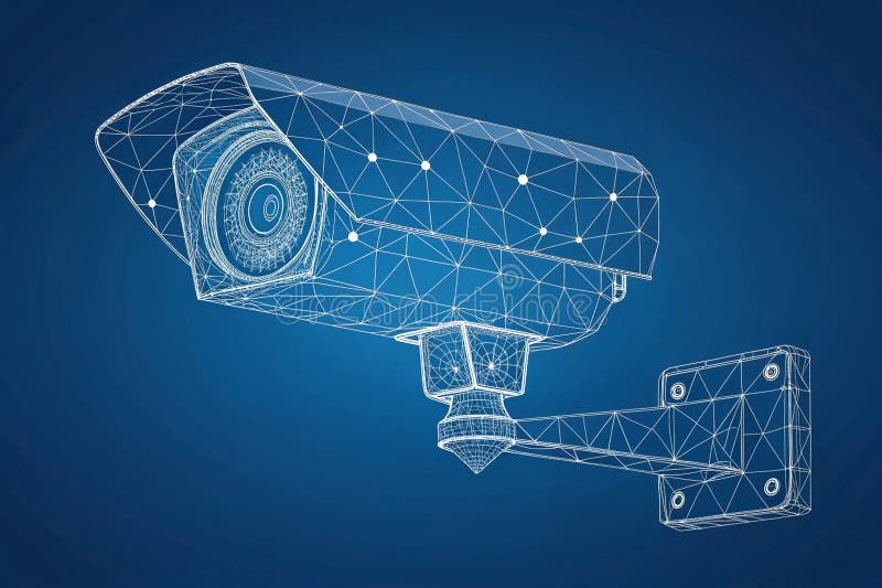 A Low Polygon CCTV Security Camera Wireframe Mesh Displayed on a Blue ...