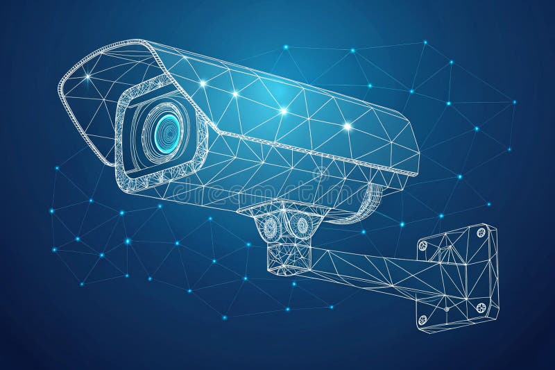 A Low Polygon CCTV Security Camera Wireframe Mesh Displayed on a Blue ...