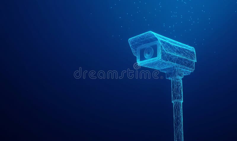 A Low Polygon CCTV Security Camera Wireframe Mesh Displayed on a Blue ...