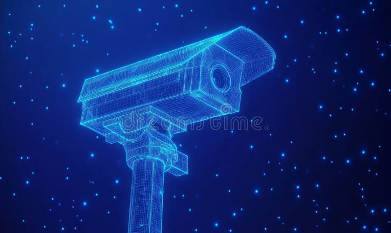 A Low Polygon CCTV Security Camera Wireframe Mesh Displayed on a Blue ...