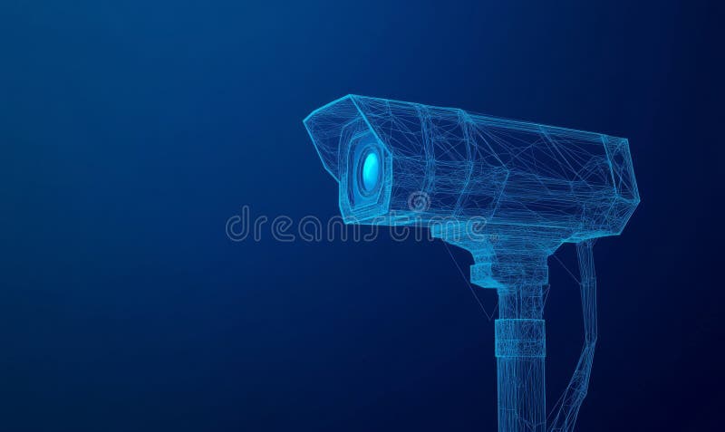 A Low Polygon CCTV Security Camera Wireframe Mesh Displayed on a Blue ...