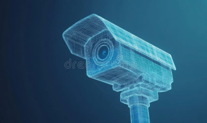 A Low Polygon CCTV Security Camera Wireframe Mesh Displayed on a Blue ...