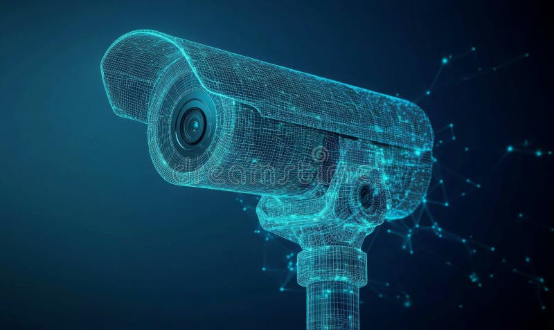A Low Polygon CCTV Security Camera Wireframe Mesh Displayed on a Blue ...
