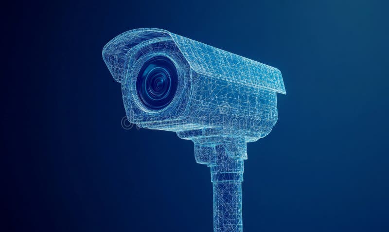 A Low Polygon CCTV Security Camera Wireframe Mesh Displayed on a Blue ...