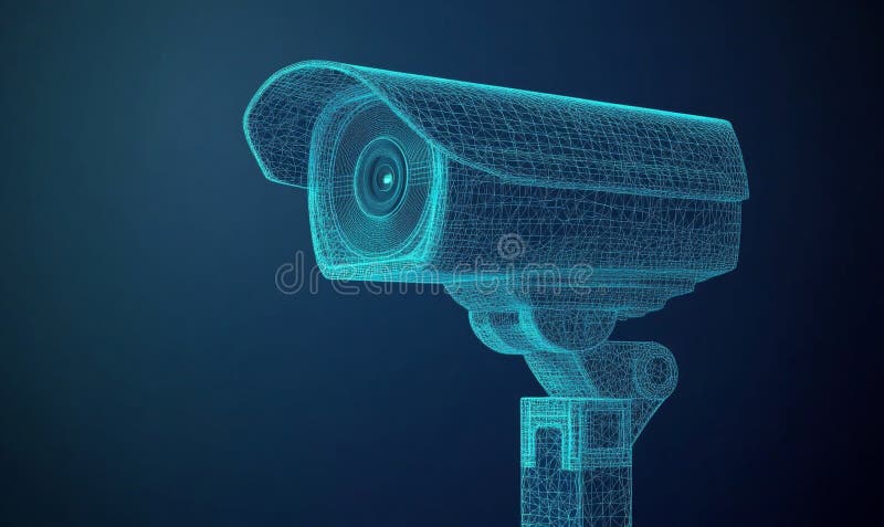 A Low Polygon CCTV Security Camera Wireframe Mesh Displayed on a Blue ...