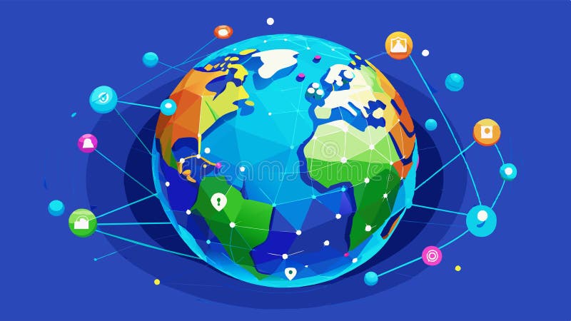 Low Polygon Globe Map with Social Icons Wireframe Mesh on Blue ...