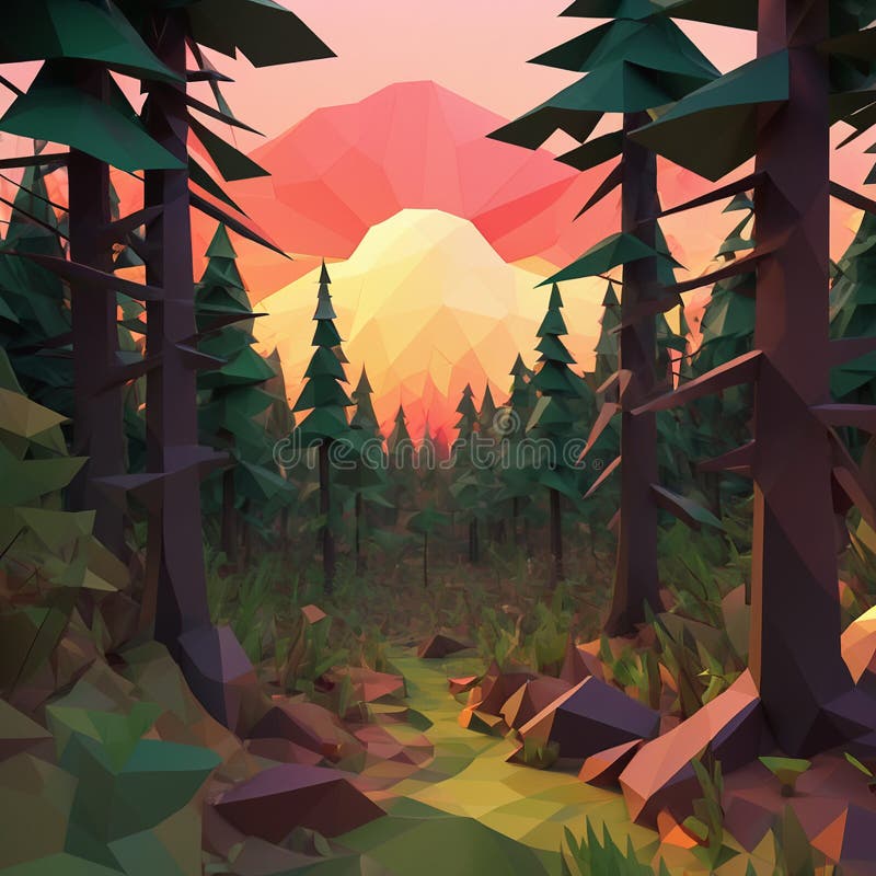 A Low Polygon Image of the Forest during a Beautiful Sunset - Generated ...