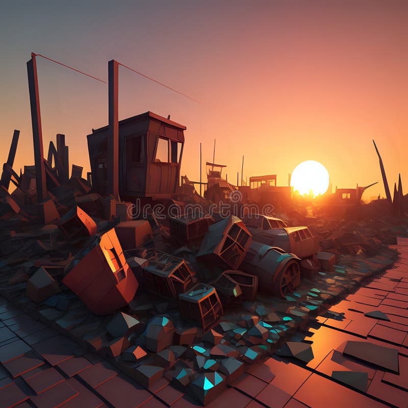 A Low Polygon Image of the Junk Yard during a Beautiful Sunset ...