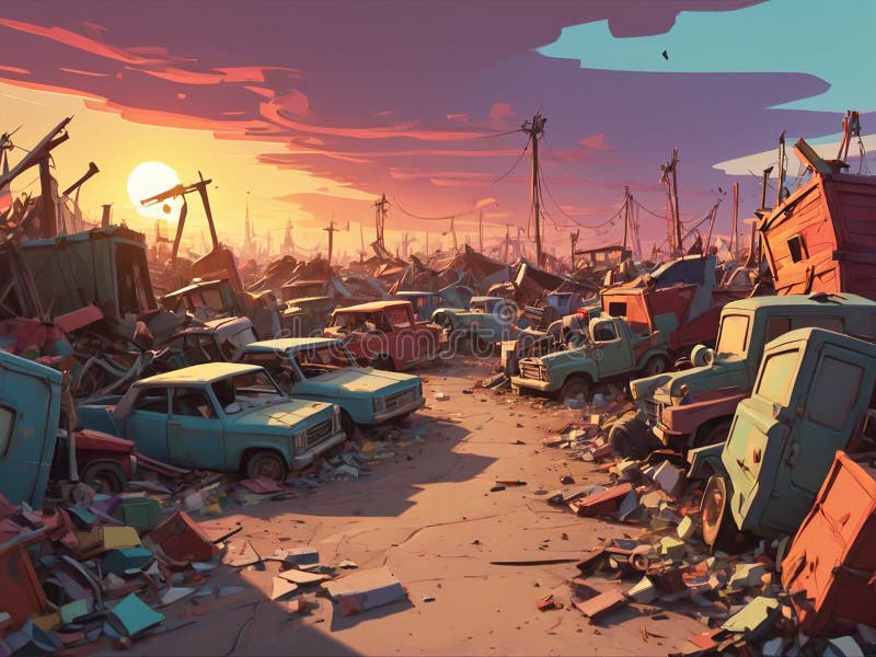 A Low Polygon Image of the Junk Yard during a Beautiful Sunset ...