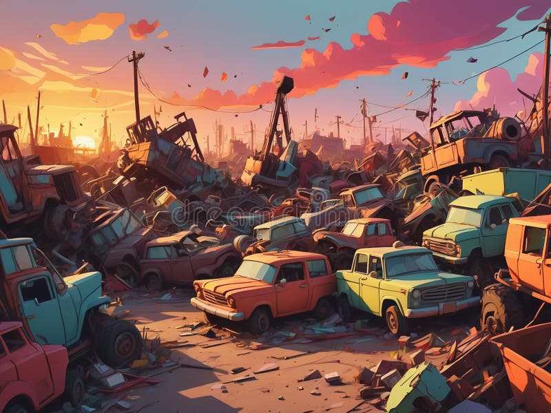 A Low Polygon Image of the Junk Yard during a Beautiful Sunset ...