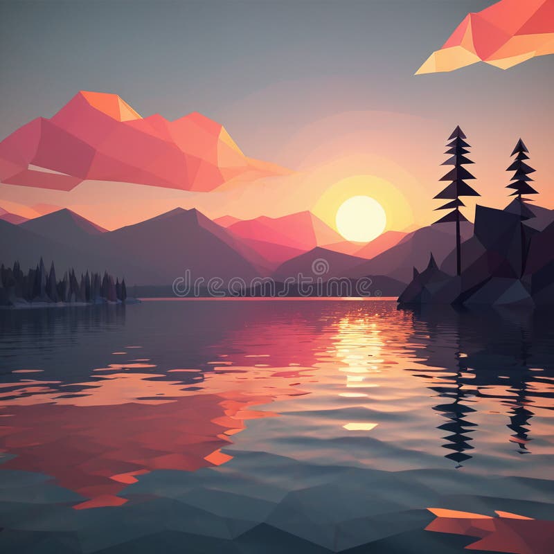 A Low Polygon Image of the Lake during a Beautiful Sunset - Generated ...