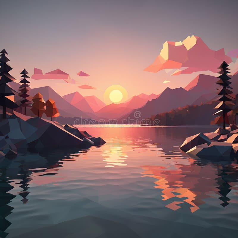 A Low Polygon Image of the Lake during a Beautiful Sunset - Generated ...