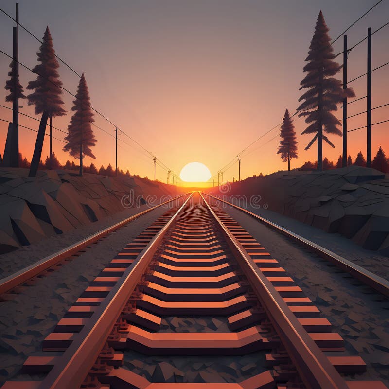 A Low Polygon Image of the Train Track during a Beautiful Sunset ...