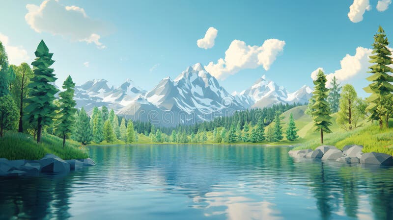 Low Polygon Style 3D Rendering of a Mountain and Lake Landscape Stock ...