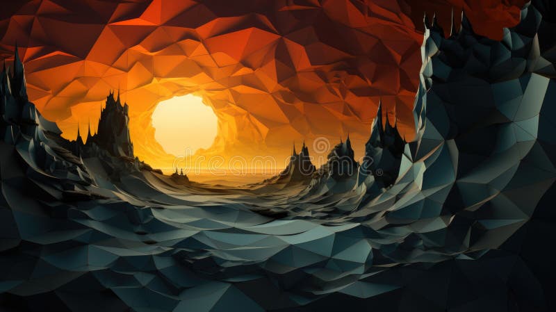 A Low Polygonal Art Style Illustration of a Cave with a Sun Rising Over ...