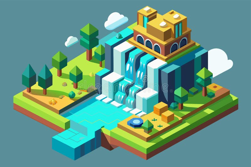 Low Polygonal Artwork Depicting a Stylized Waterfall Cascading Down a ...