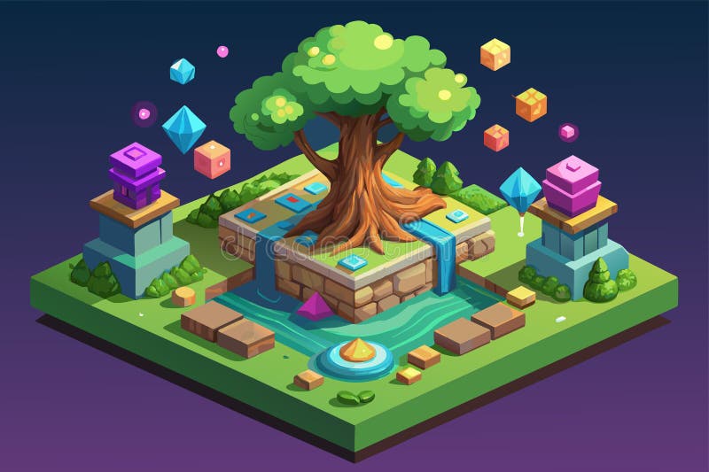 A Low Polygonal Landscape Featuring a Tree and a Pond in a Customizable ...